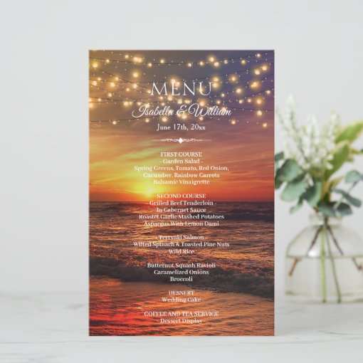 Elegant Beach String Lights Summer Wedding Menu | Zazzle