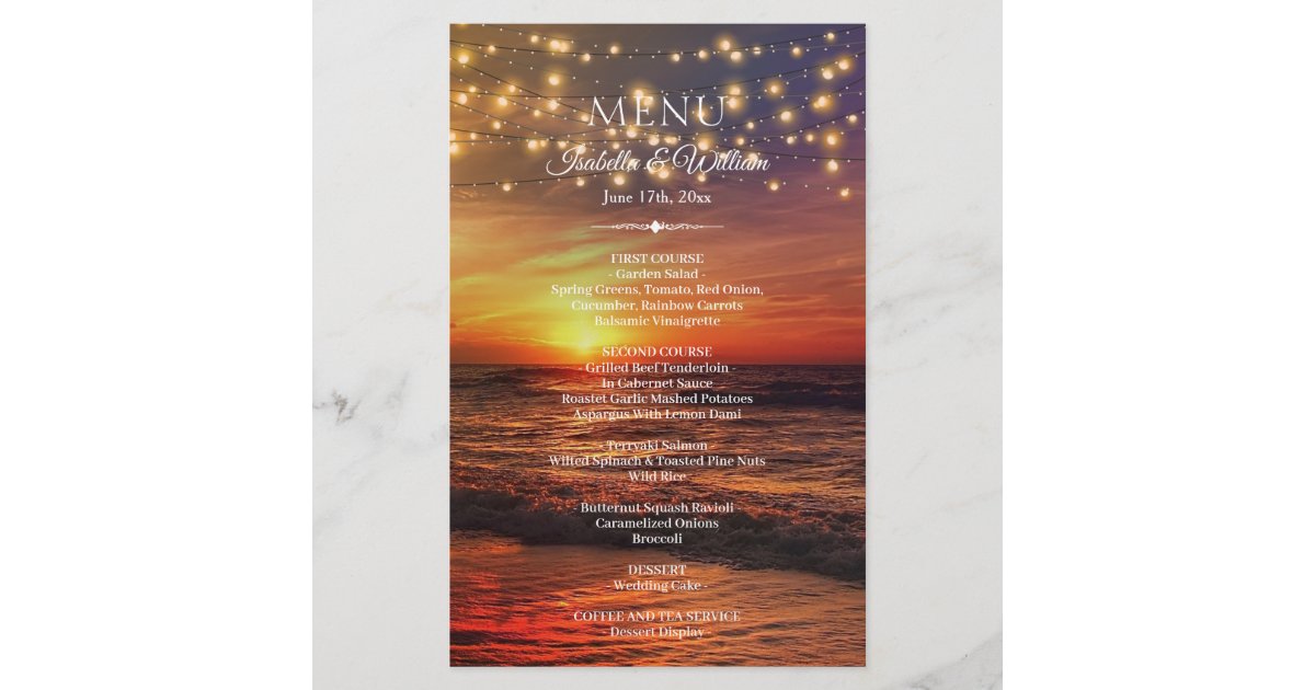 Elegant Beach String Lights Summer Wedding Menu | Zazzle