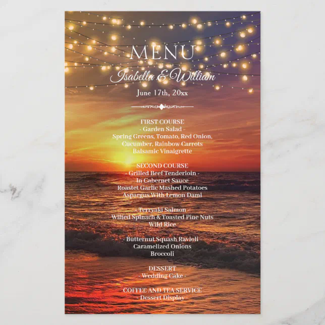 Elegant Beach String Lights Summer Wedding Menu | Zazzle