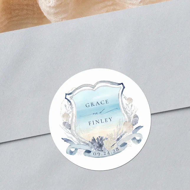 Elegant Beach Wedding Crest Coastal Chic Classic Round Sticker | Zazzle