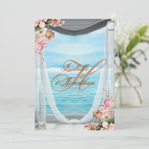 Elegant beach wedding with drapes & pink orchids invitation | Zazzle