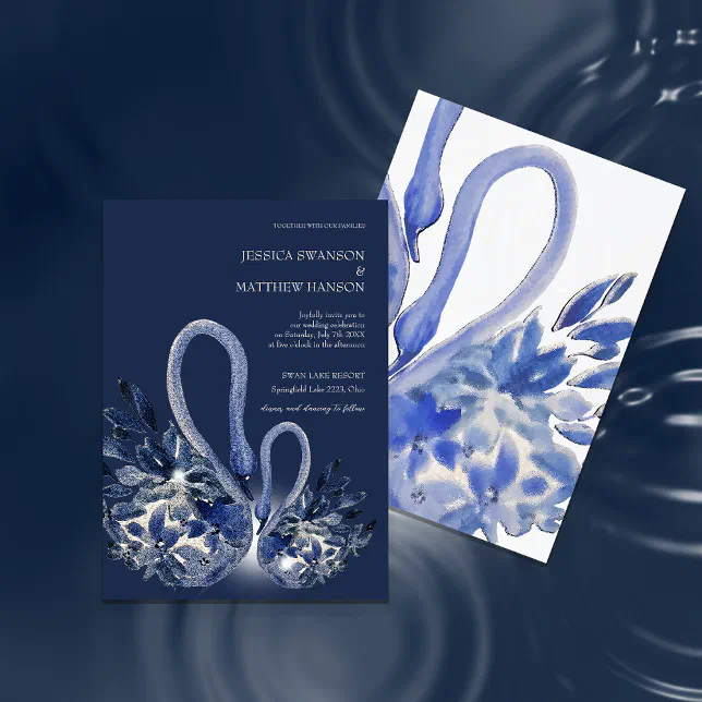 Elegant Beautiful Swan In Navy Blue Wedding Invitation | Zazzle