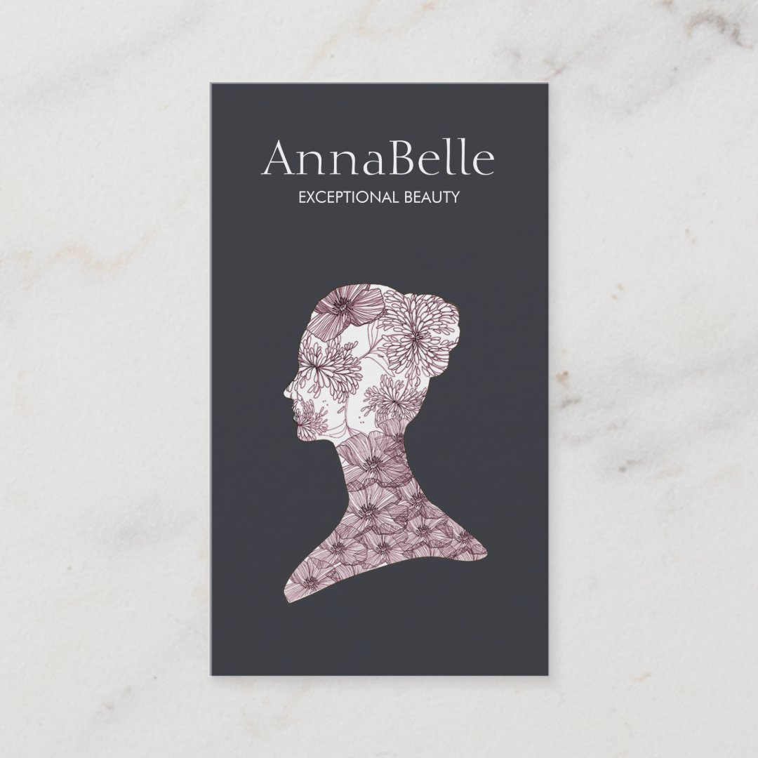 Elegant Beauty Girl's Face Hand Drawn Floral Salon Business Card | Zazzle