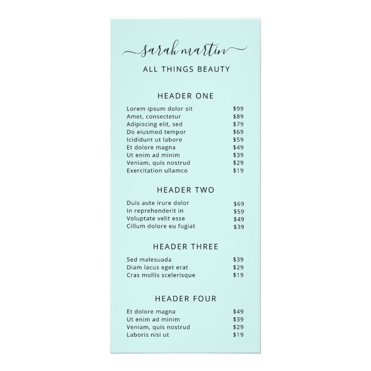 Elegant Beauty Salon Price List Turquoise Rack Card | Zazzle