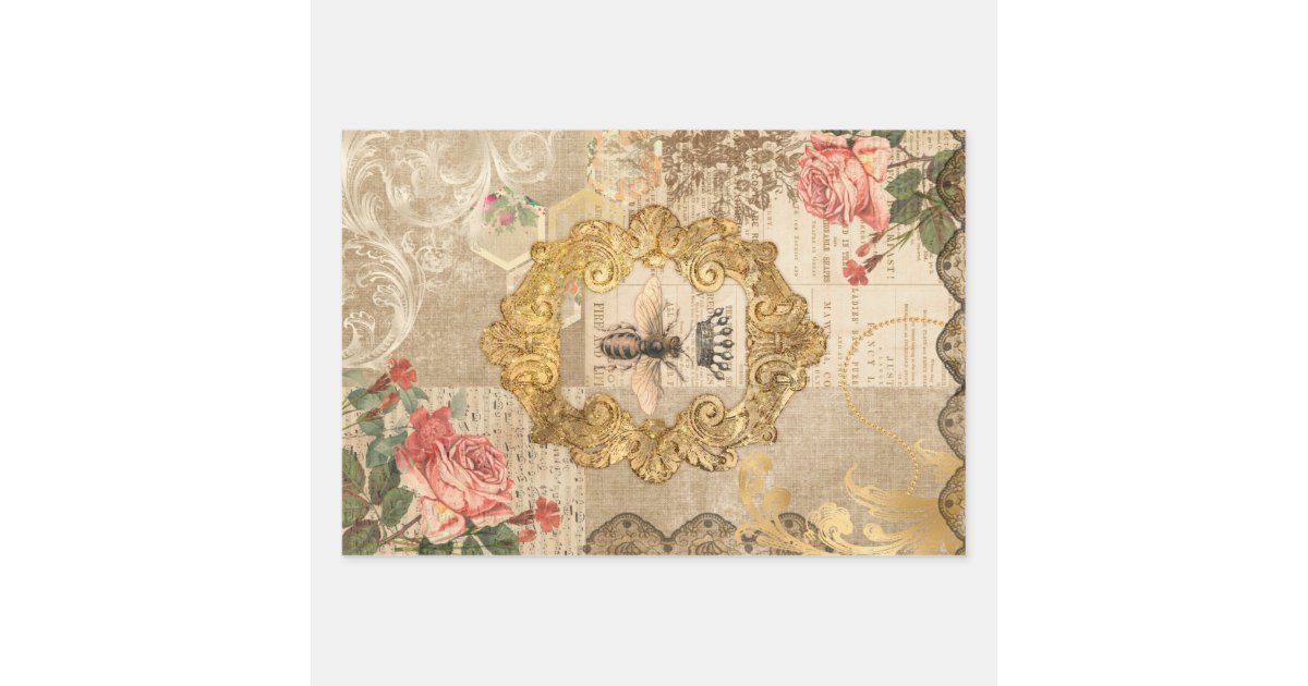 Elegant Bee Vintage Ephemera Decoupage Wrapping Paper Sheets | Zazzle