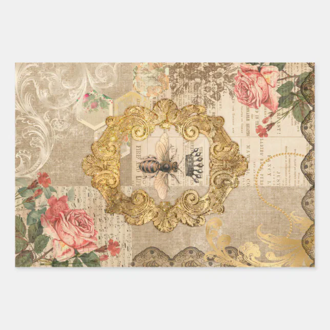Elegant Bee Vintage Ephemera Decoupage Wrapping Paper Sheets | Zazzle
