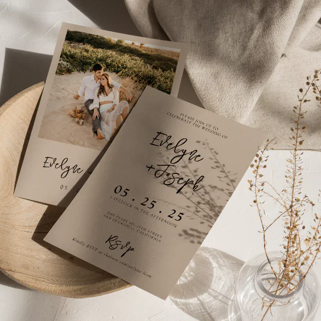 Elegant Beige Cream Minimalist Boho Photo Wedding Invitation | Zazzle