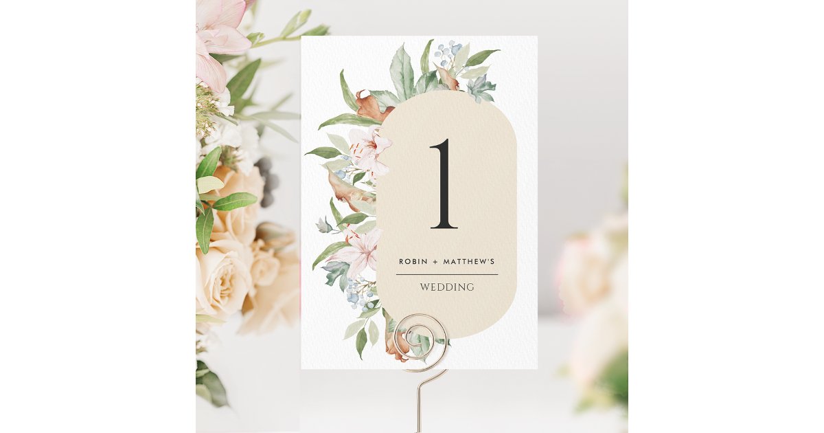 Elegant Beige, Earthy Blooms Wedding Table Number | Zazzle