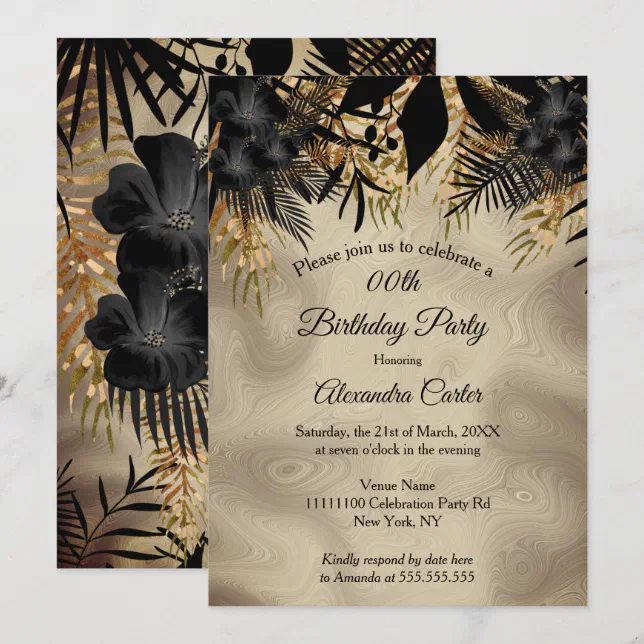 Elegant Beige Gold Black Floral Birthday Party Invitation | Zazzle