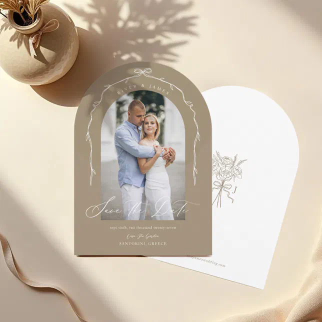 Elegant Beige Hand Drawn Bow & Ribbon Arch Photo Save The Date | Zazzle