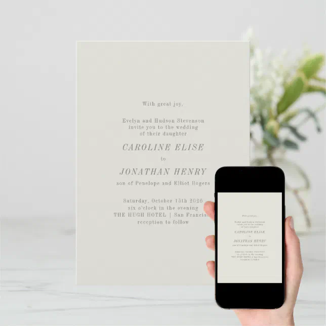 Elegant Beige Parent Names Minimalist Wedding Invitation | Zazzle