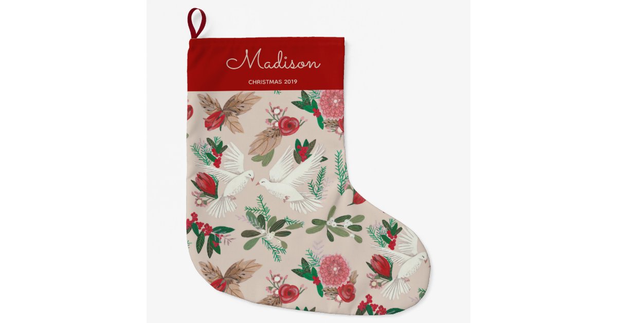 Elegant Beige & Red Birds Doves floral pattern Large Christmas Stocking ...