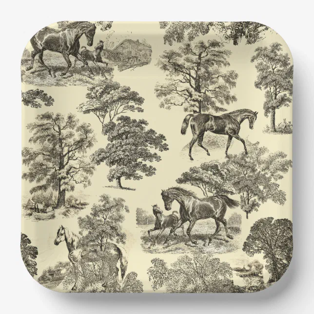 Elegant Beige Rustic Horses Toile Paper Plates | Zazzle