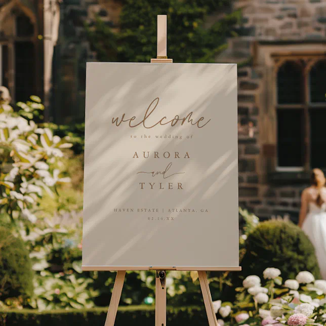 Elegant Beige Script Wedding Welcome Sign | Zazzle