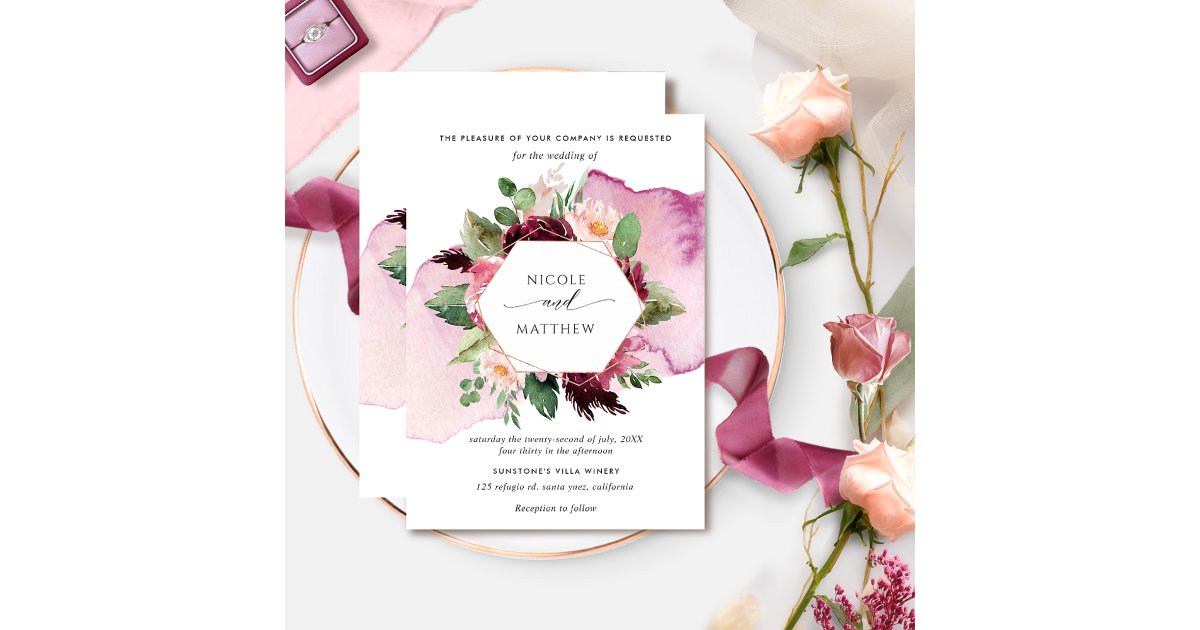 Elegant Berry Burgundy and Blush Floral Wedding Invitation | Zazzle