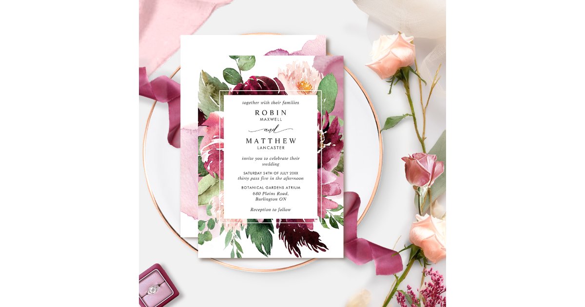 Elegant Berry, Burgundy Pink Floral Wedding Invitation | Zazzle