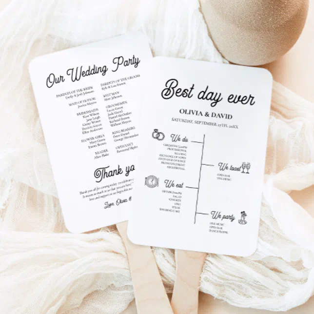 Elegant Best Day Ever Wedding Timeline Program Hand Fan | Zazzle