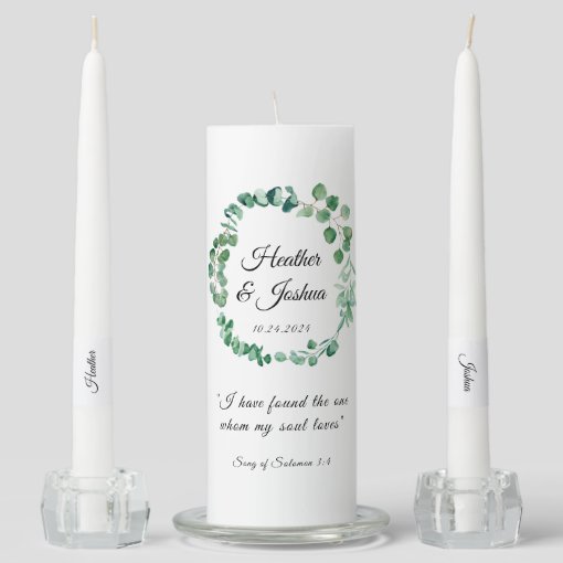 Elegant Bible Verse Custom Wedding Unity Candle Set | Zazzle