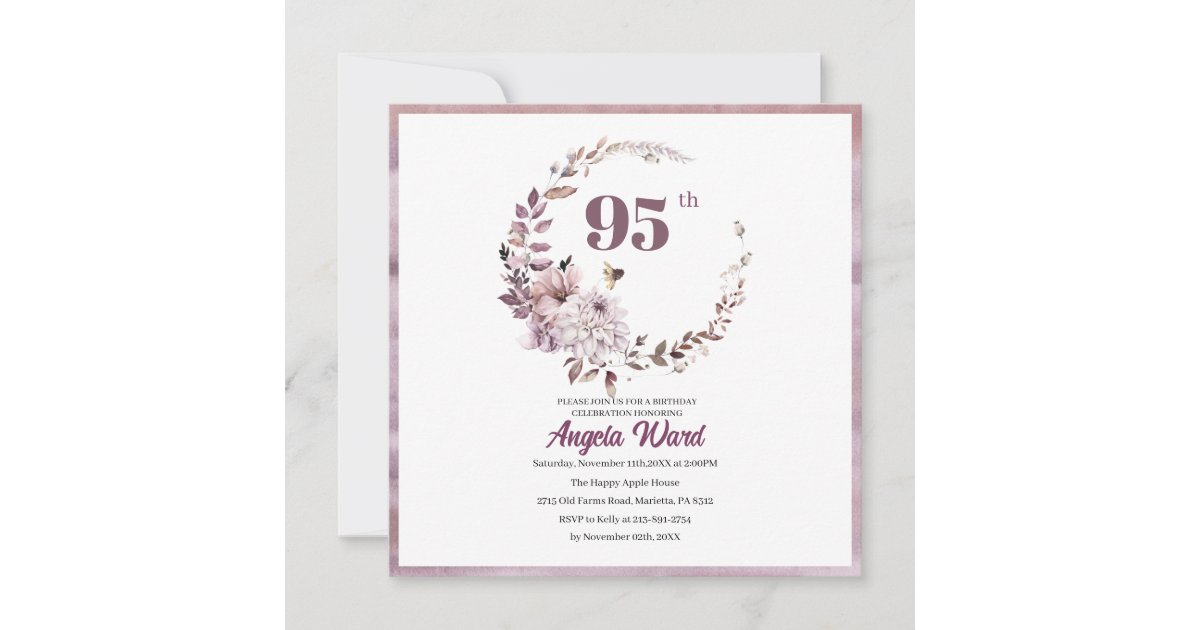 Elegant birthday celebration floral glitter 95th invitation | Zazzle