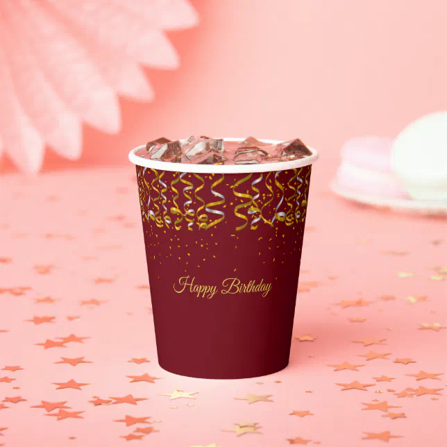 Elegant Birthday Golden Confetti on Burgundy Paper Cups | Zazzle