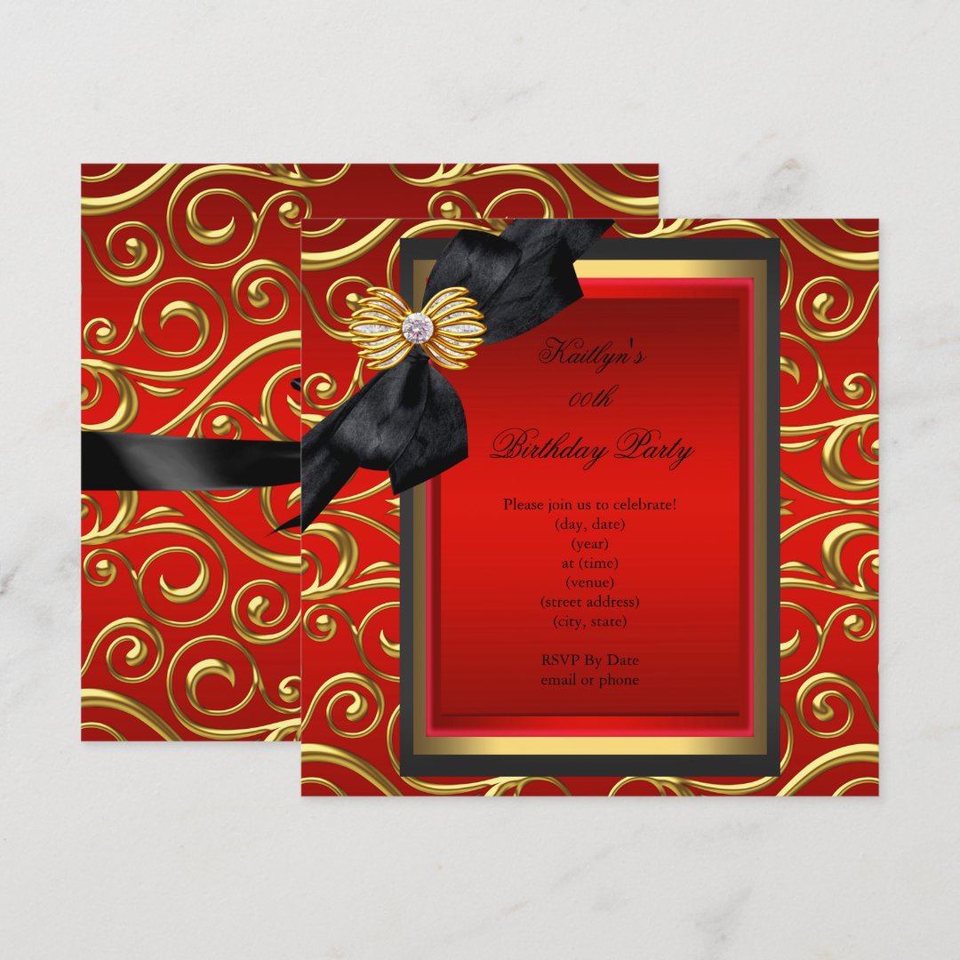 Elegant Birthday Party Black Damask Red Gold Invitation | Zazzle