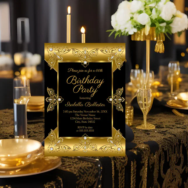 Elegant Birthday Party Black Gold Elite Diamond 2 Invitation | Zazzle