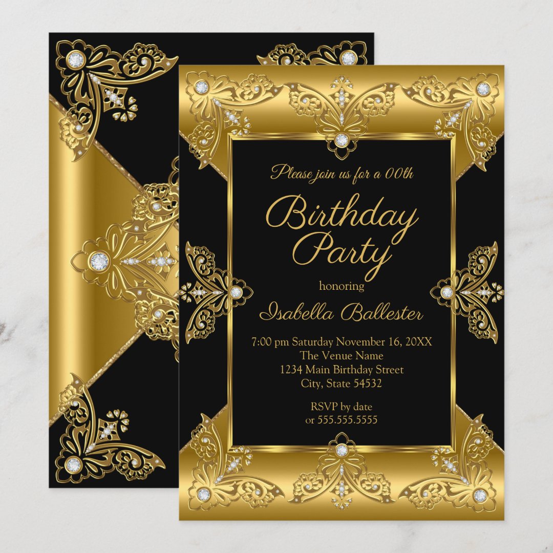 Elegant Birthday Party Black Gold Elite Diamond 2 Invitation | Zazzle
