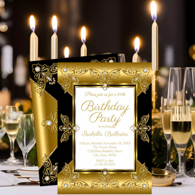 Elegant Birthday Party Black Gold Elite Diamond Invitation | Zazzle
