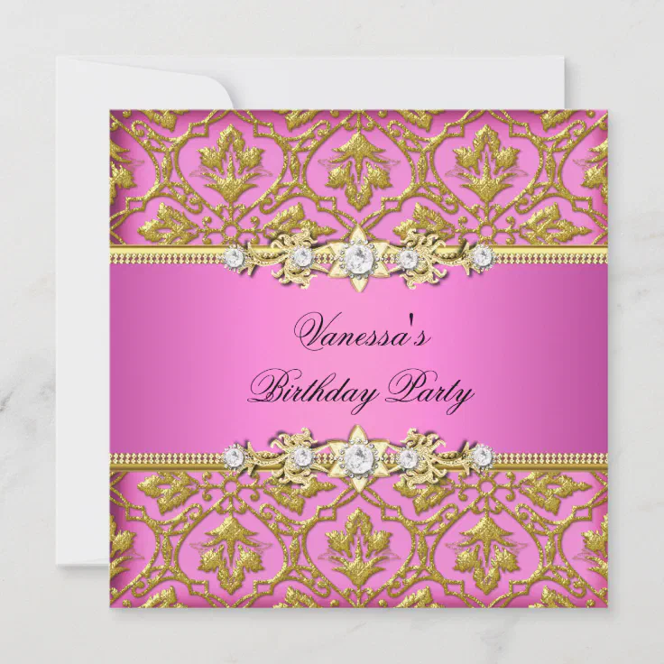 Elegant Birthday Party Damask Pink Gold Invitation | Zazzle