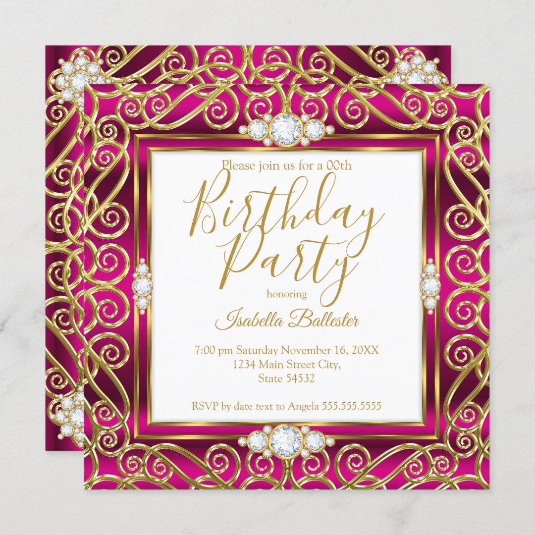 Elegant Birthday Party Deep Pink Gold Diamond Gem Invitation | Zazzle