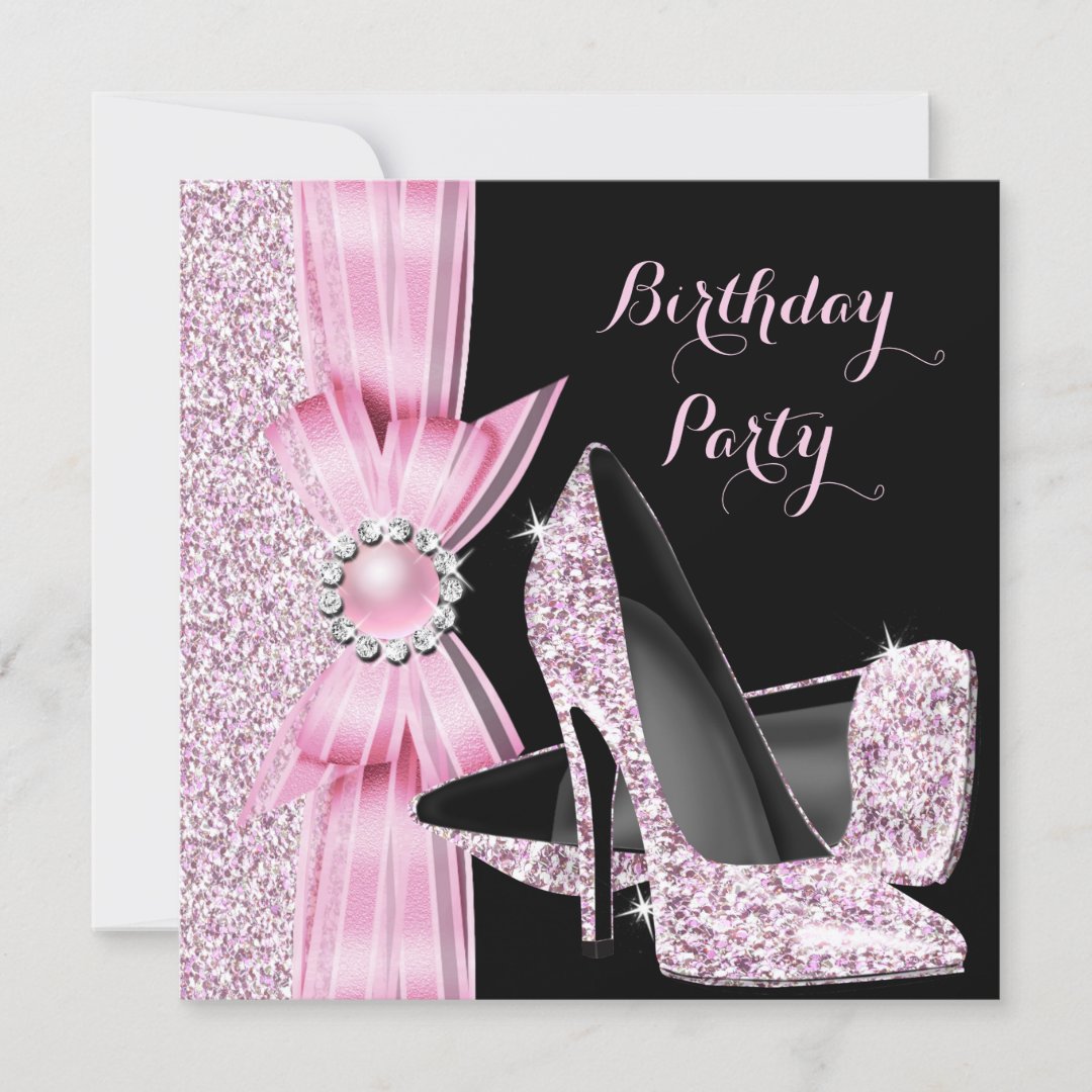 Elegant Birthday Party Glitter Pink High Heels Invitation | Zazzle