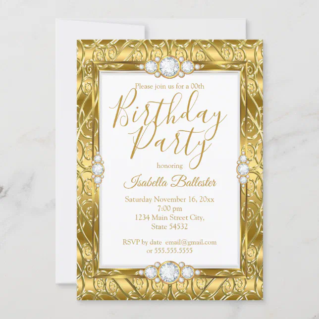 Elegant Birthday Party Gold Diamond Gem Invitation | Zazzle