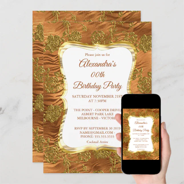 Elegant Birthday Party Gold Rust Copper Damask Invitation | Zazzle