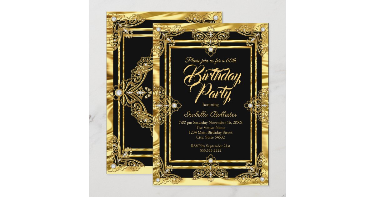 Elegant Birthday Party Golden Black Gold Gems Invitation | Zazzle