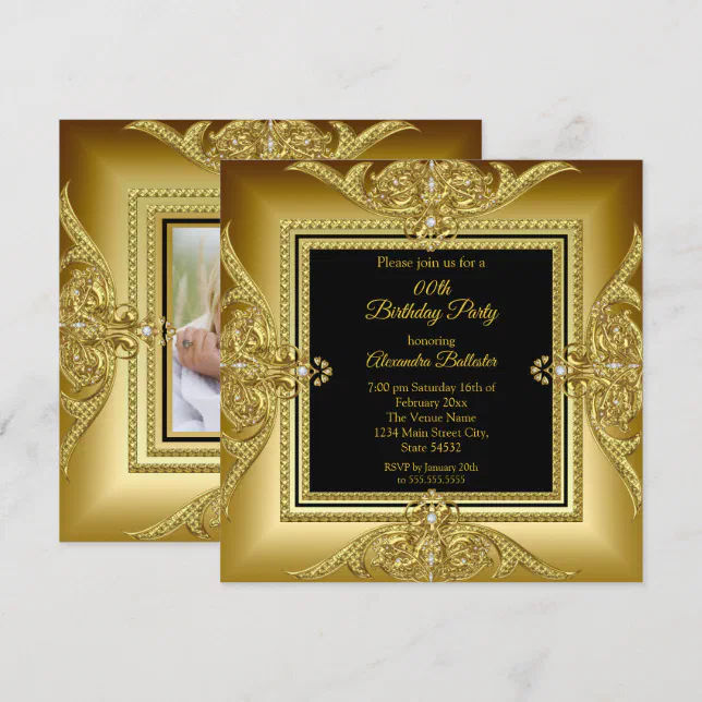 Elegant Birthday Party Photo Black Gold Frame Invitation | Zazzle