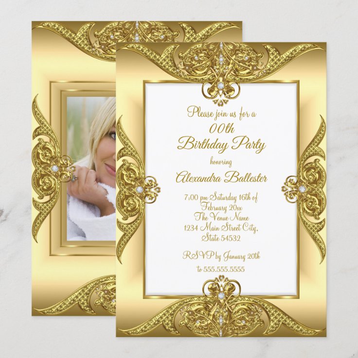 Elegant Birthday Party Photo Cream Gold Frame Invitation | Zazzle
