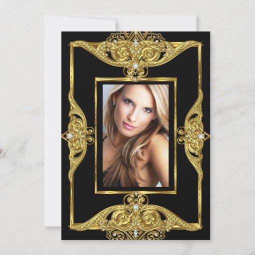 Elegant Birthday Party Photo Gold Frame Black Invitation | Zazzle