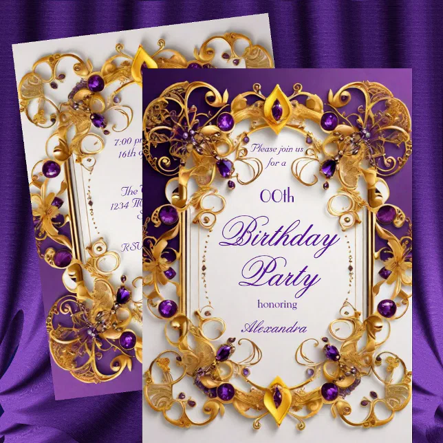 Elegant Birthday Party Purple jewel White Gold Invitation | Zazzle