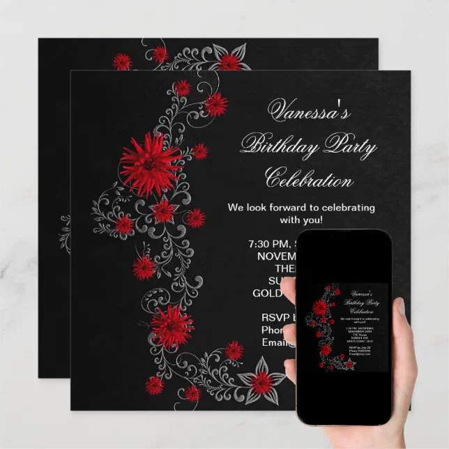 Elegant Birthday Party Red Black Silver Floral Invitation | Zazzle