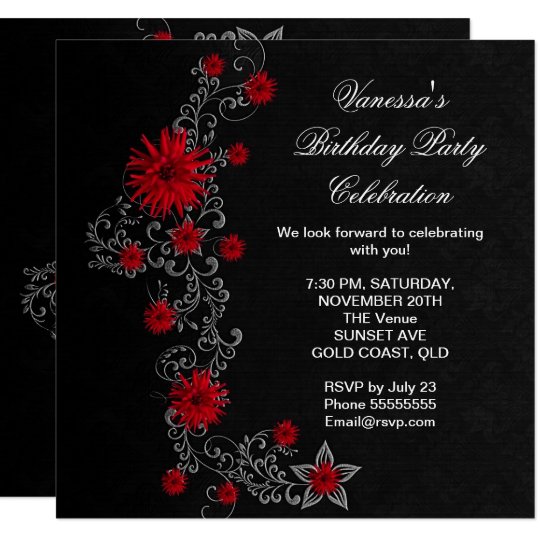 Elegant Birthday Party Red Black Silver Floral Invitation | Zazzle.com