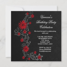Elegant Birthday Party Red Black Silver Floral Invitation | Zazzle