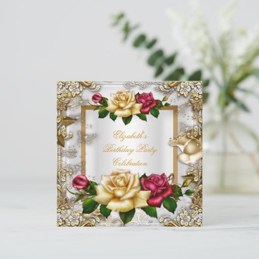 Elegant Birthday Party Roses White Gold Red Pink Invitation | Zazzle