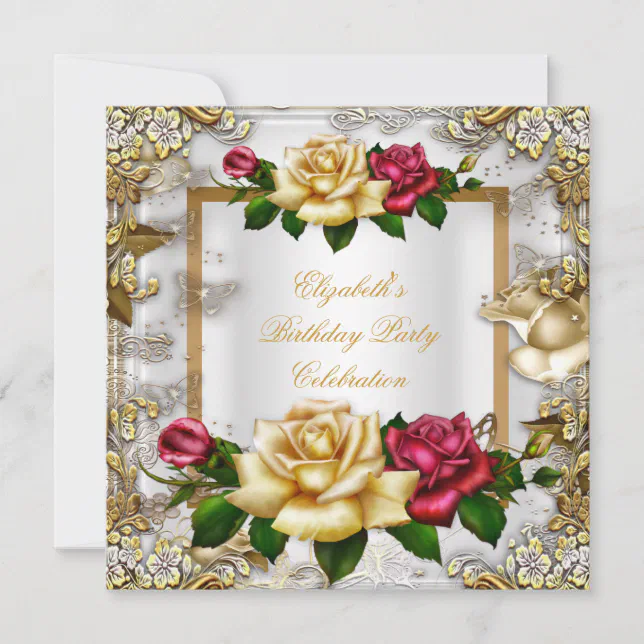 Elegant Birthday Party Roses White Gold Red Pink Invitation | Zazzle