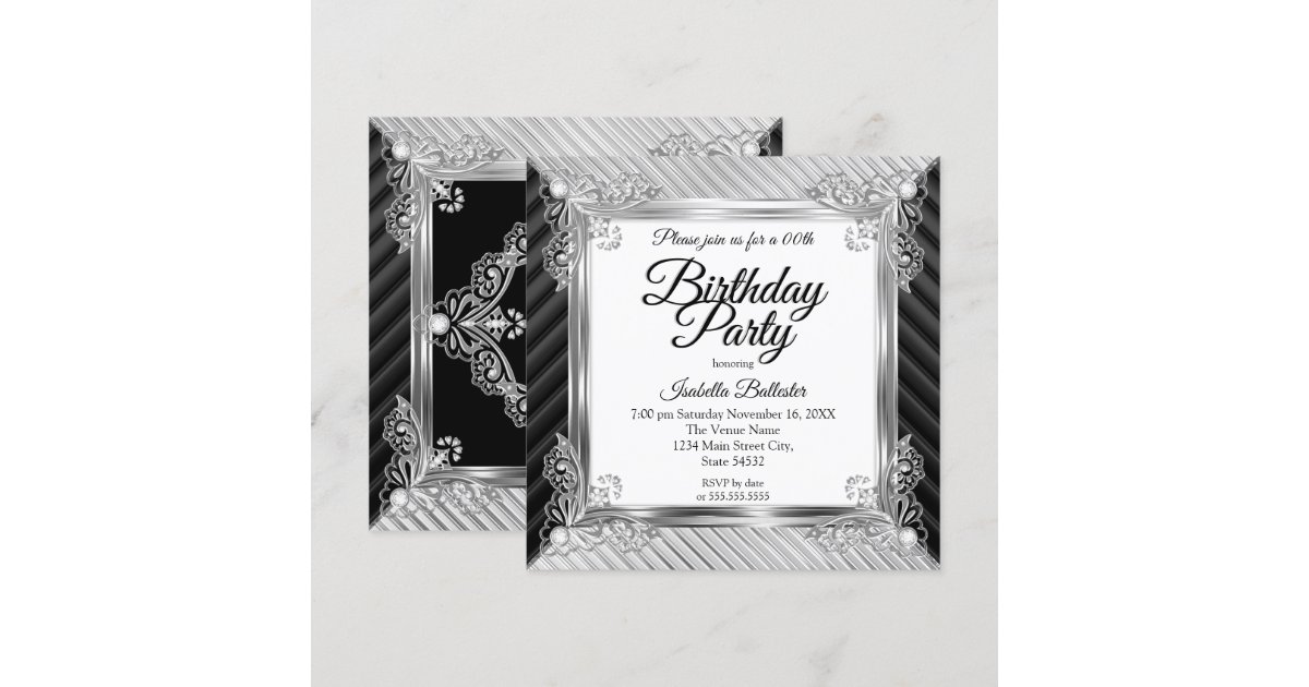 Elegant Birthday Party Silver Chrome Black Diamond Invitation | Zazzle