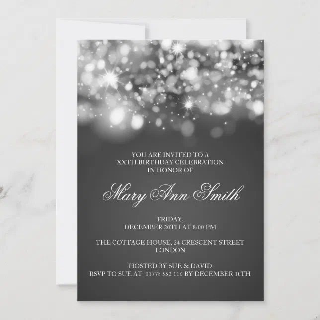 Elegant Birthday Party Silver Sparkling Lights Invitation | Zazzle
