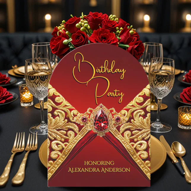 Elegant Birthday Regal Red Gold Jewel Fabric Invitation | Zazzle