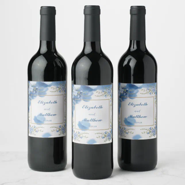 Elegant Biue & White Overlay Flowers wedding Wine Label | Zazzle