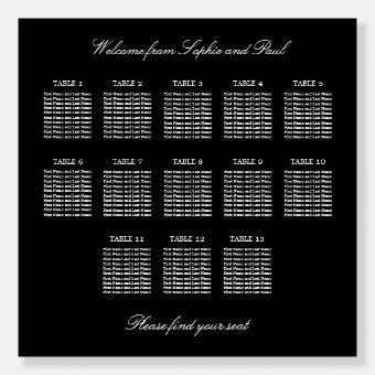 Elegant Black 13 Table Wedding Seating Chart Foam Board | Zazzle