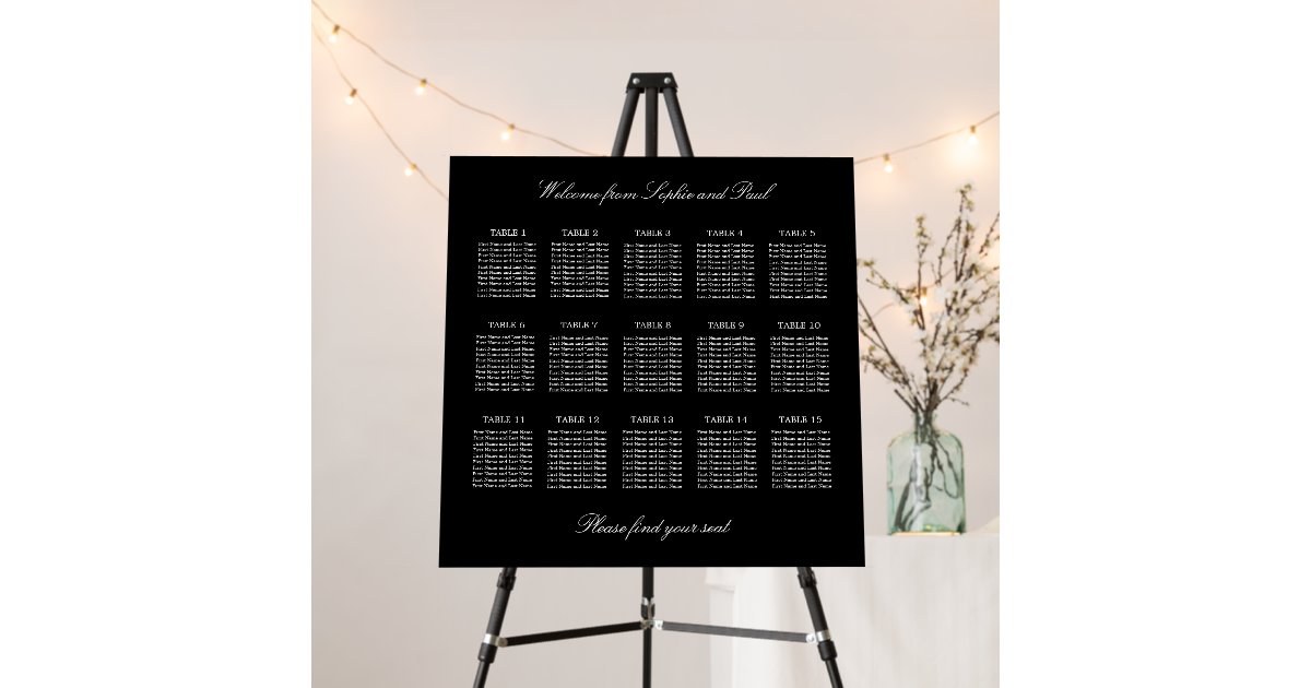 Elegant Black 15 Table Wedding Seating Chart Foam Board | Zazzle
