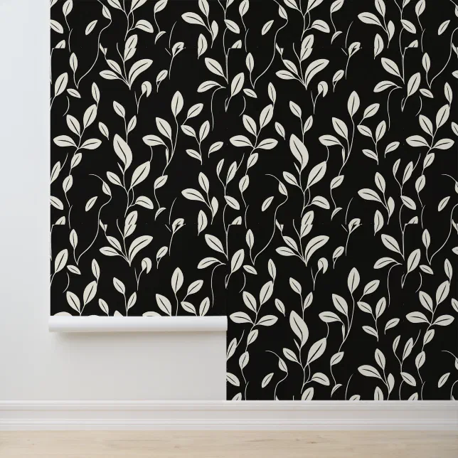 Elegant Black and Cream Leaf Pattern Wallpaper | Zazzle